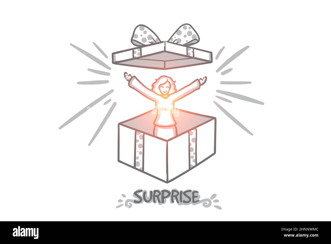 Surprise concept. Hand drawn woman jumping from present box. Big gift ...