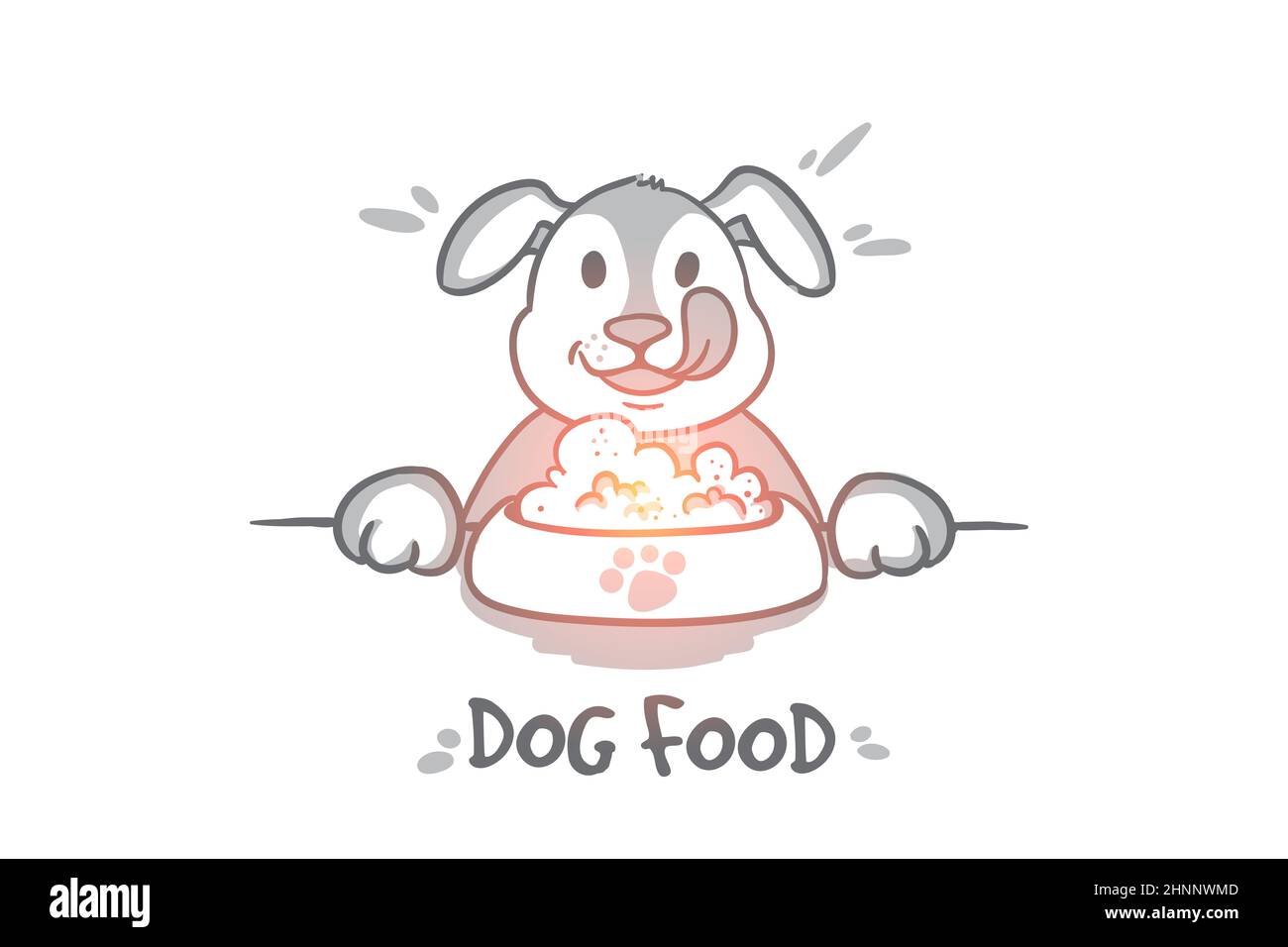 Dog food concept. Hand drawn hungry dog behind a big mound of food. Pet ...