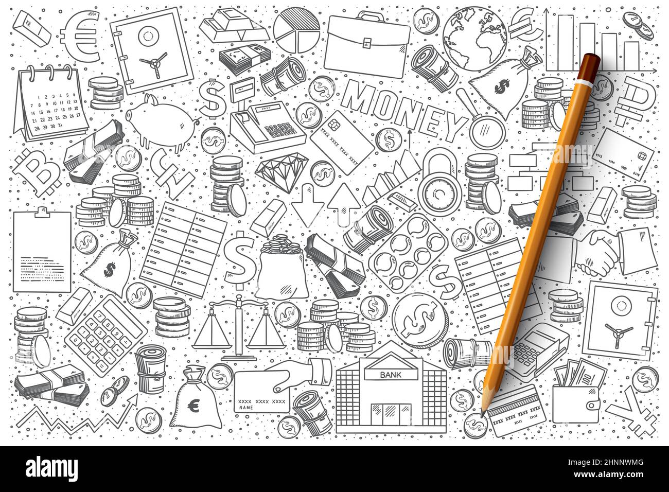 Hand drawn vector set of finance doodles Stock Photo - Alamy
