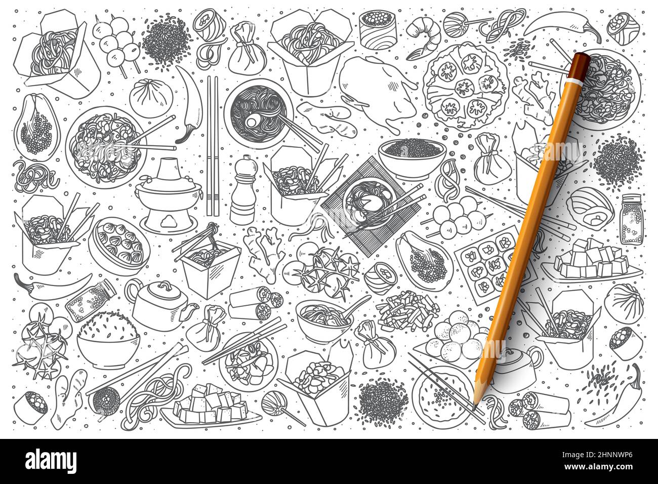Hand drawn set of chinese food vector doodles Stock Photo - Alamy