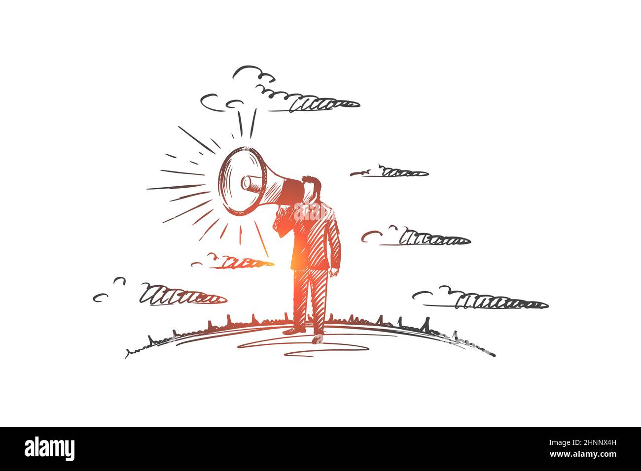 Promotion concept. Hand drawn man yelling through the megaphone. Male ...
