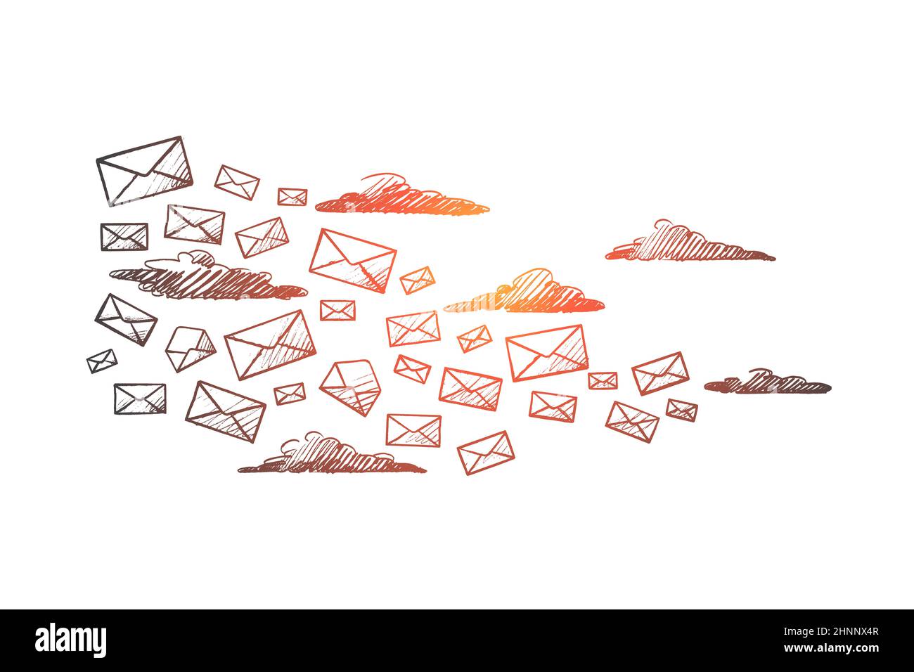 Contact concept. Hand drawn flying letters. A lot of letters as symbol ...