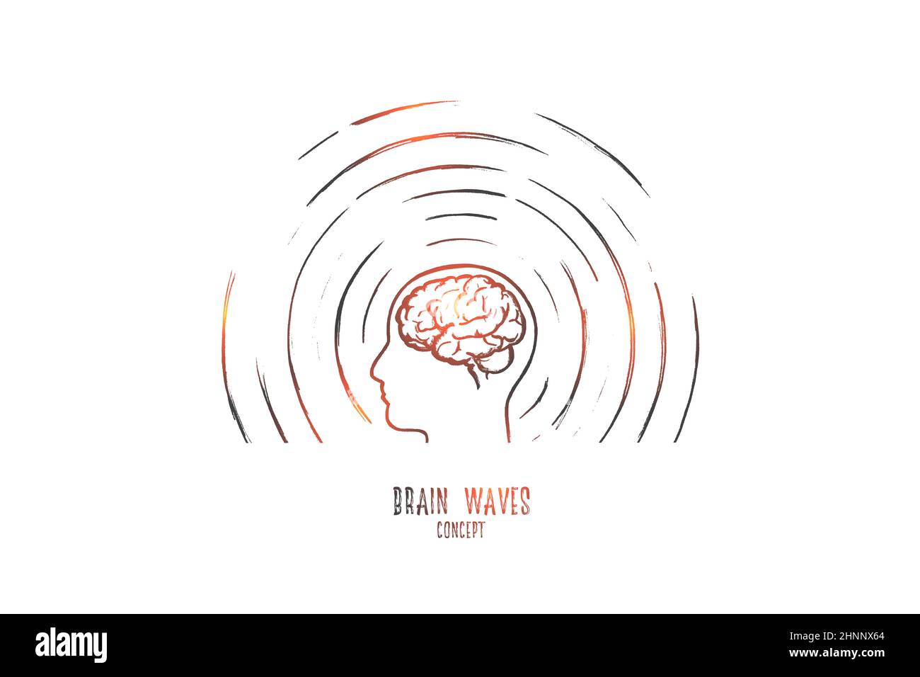 Brain waves concept. Hand drawn human head radiating waves. Brain study ...