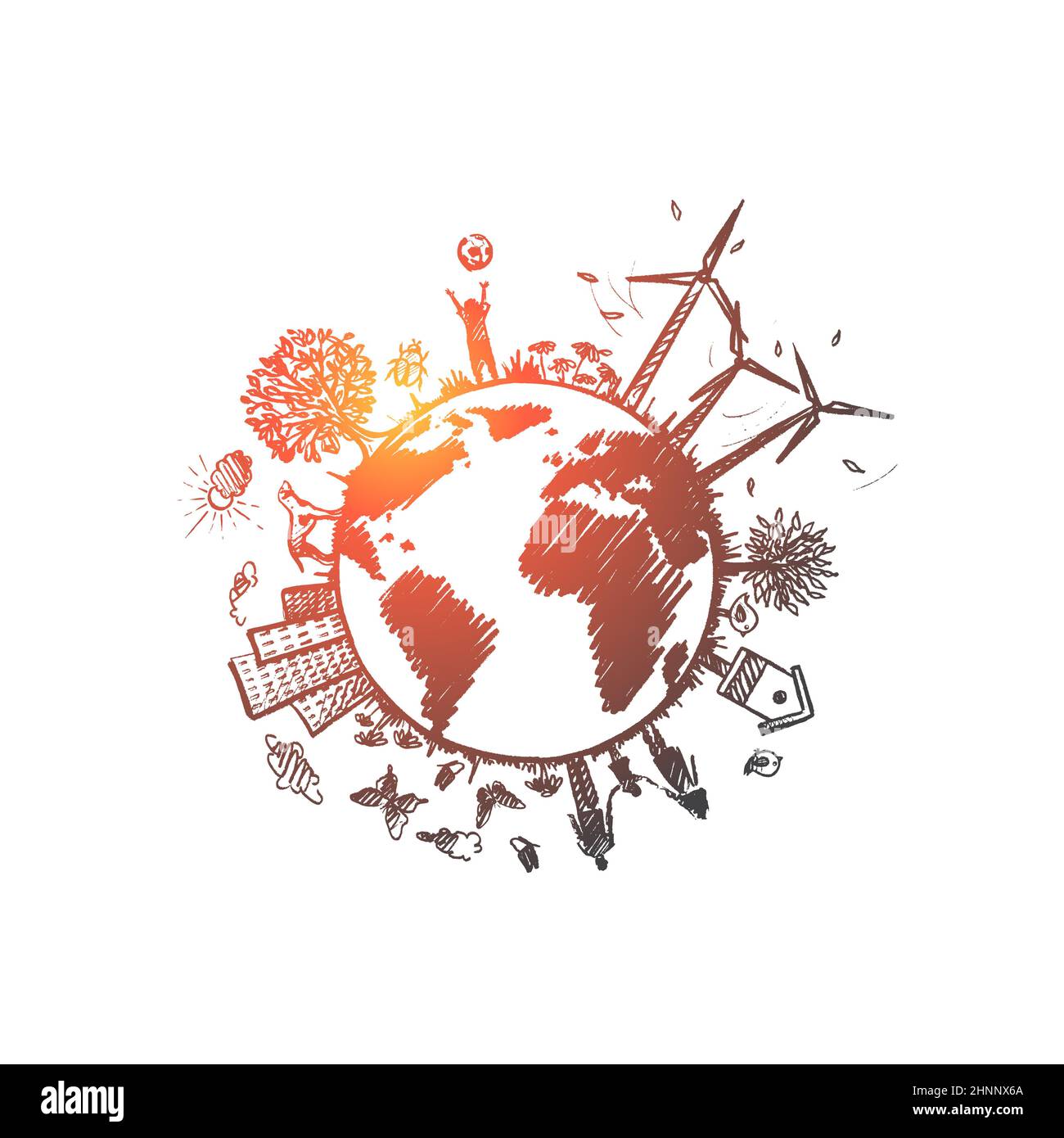 Ecology concept. Hand drawn sustainable ecological environment. Harmony ...