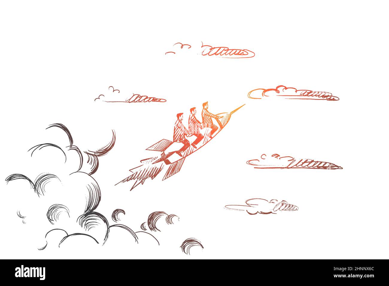 Creative team concept. Hand drawn people flying on rocket. Startup ...