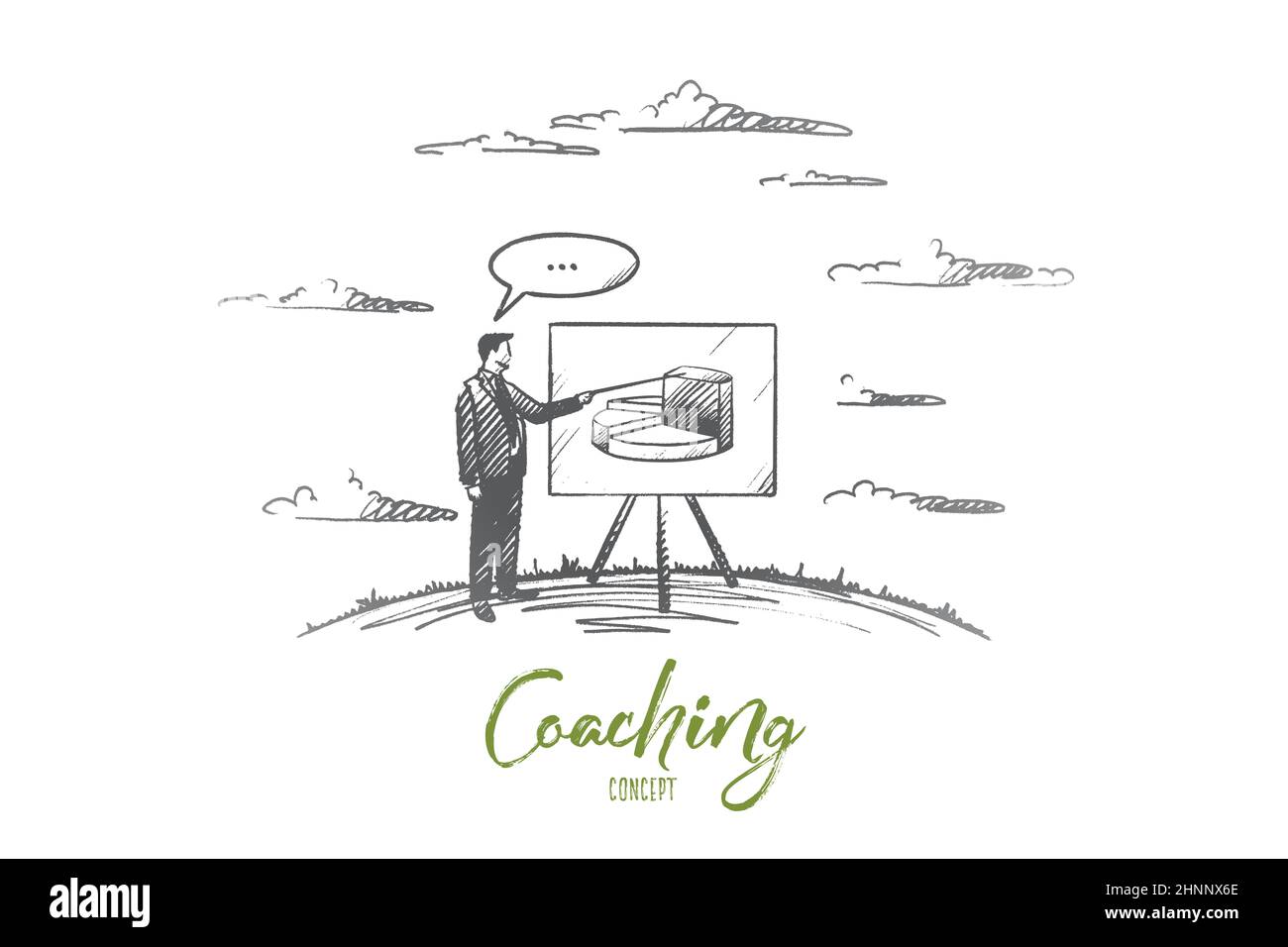 Coaching concept. Hand drawn man coach near board. Male person in suit ...