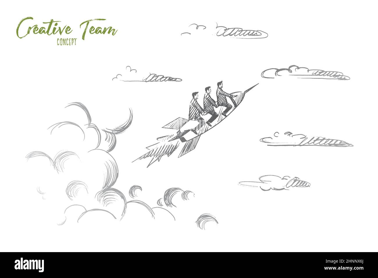 Creative team concept. Hand drawn people flying on rocket. Startup ...