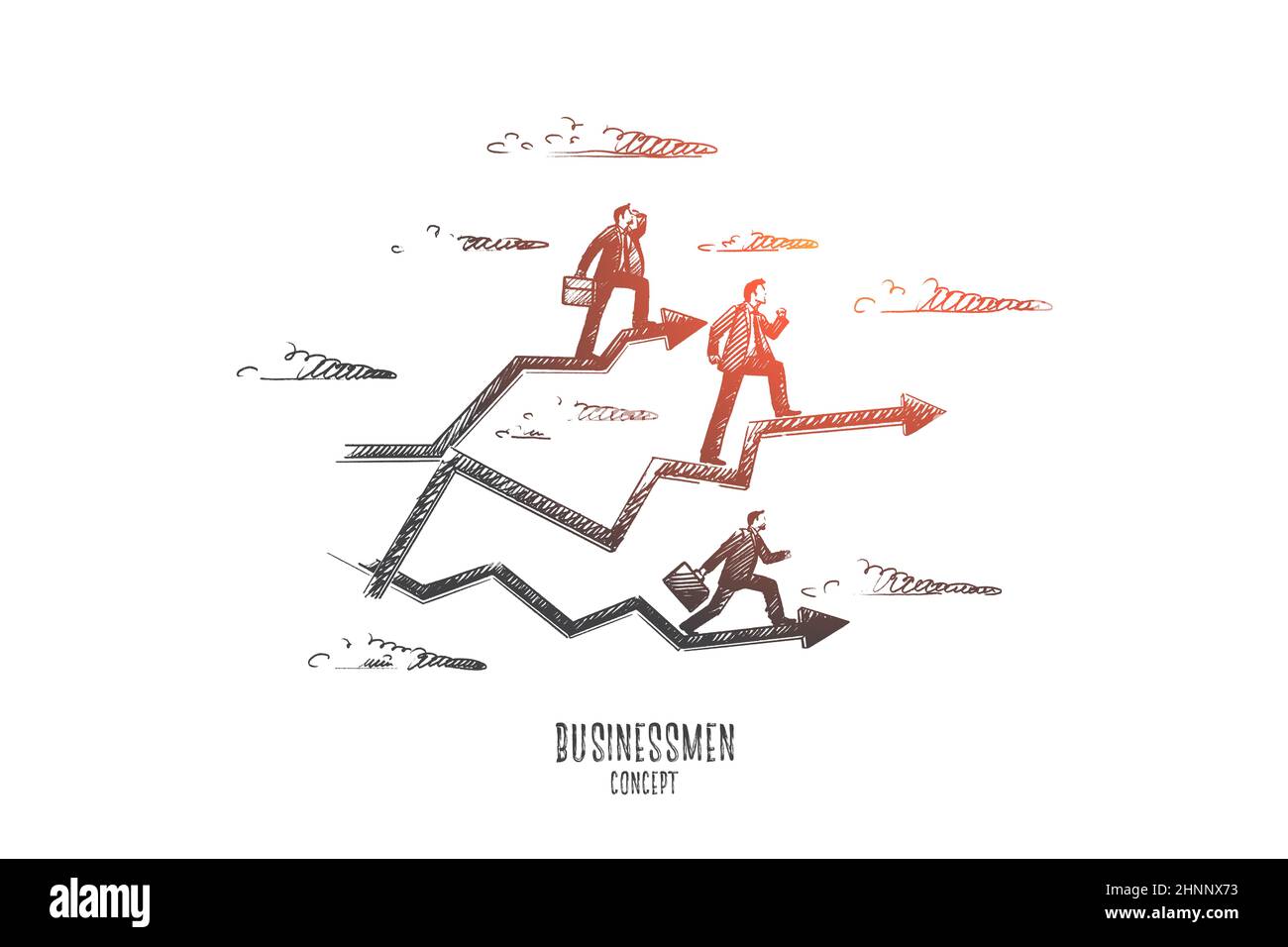 Businessmen concept. Hand drawn single-minded people moving ahead to ...