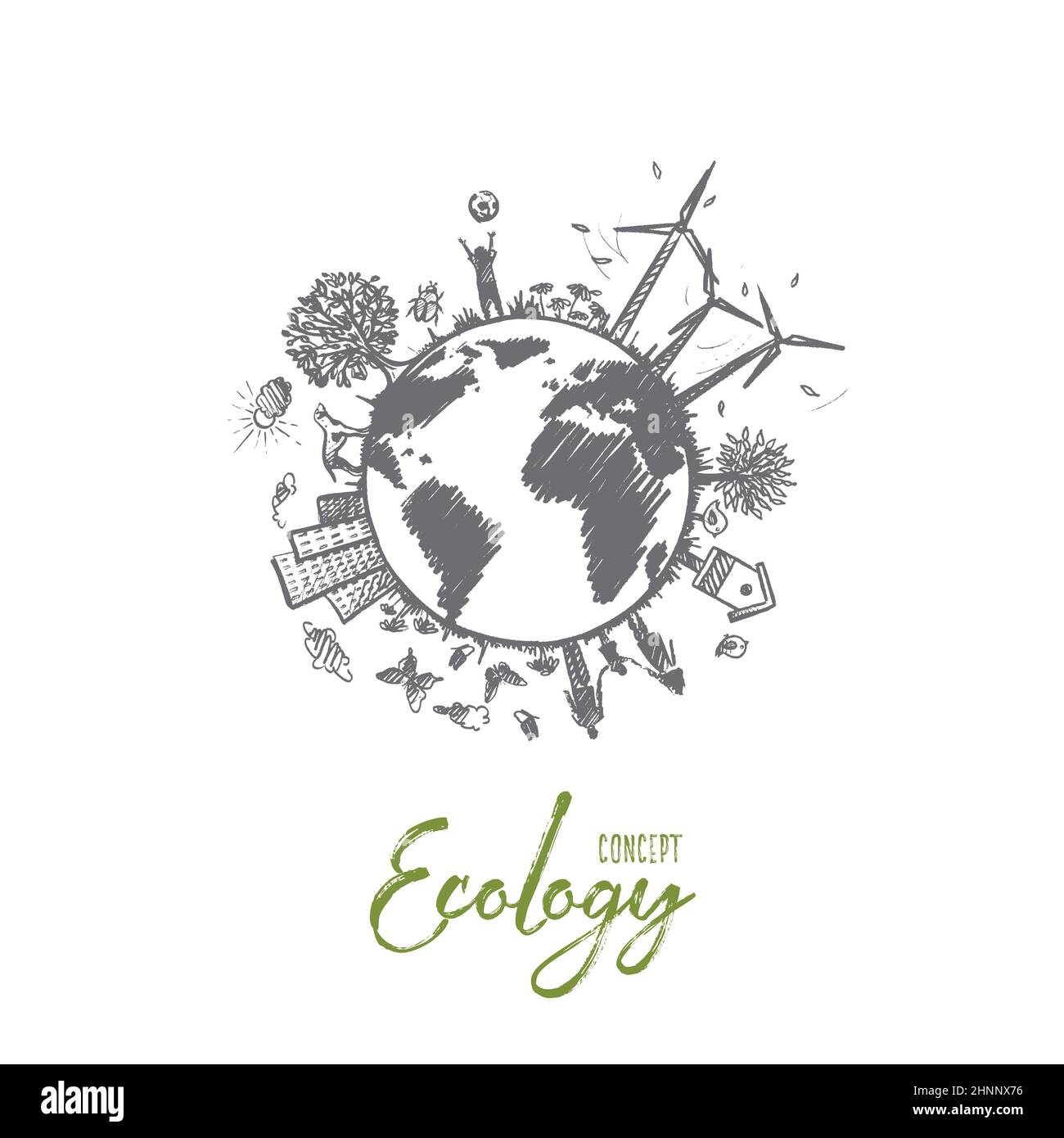 Ecology concept. Hand drawn sustainable ecological environment. Harmony ...