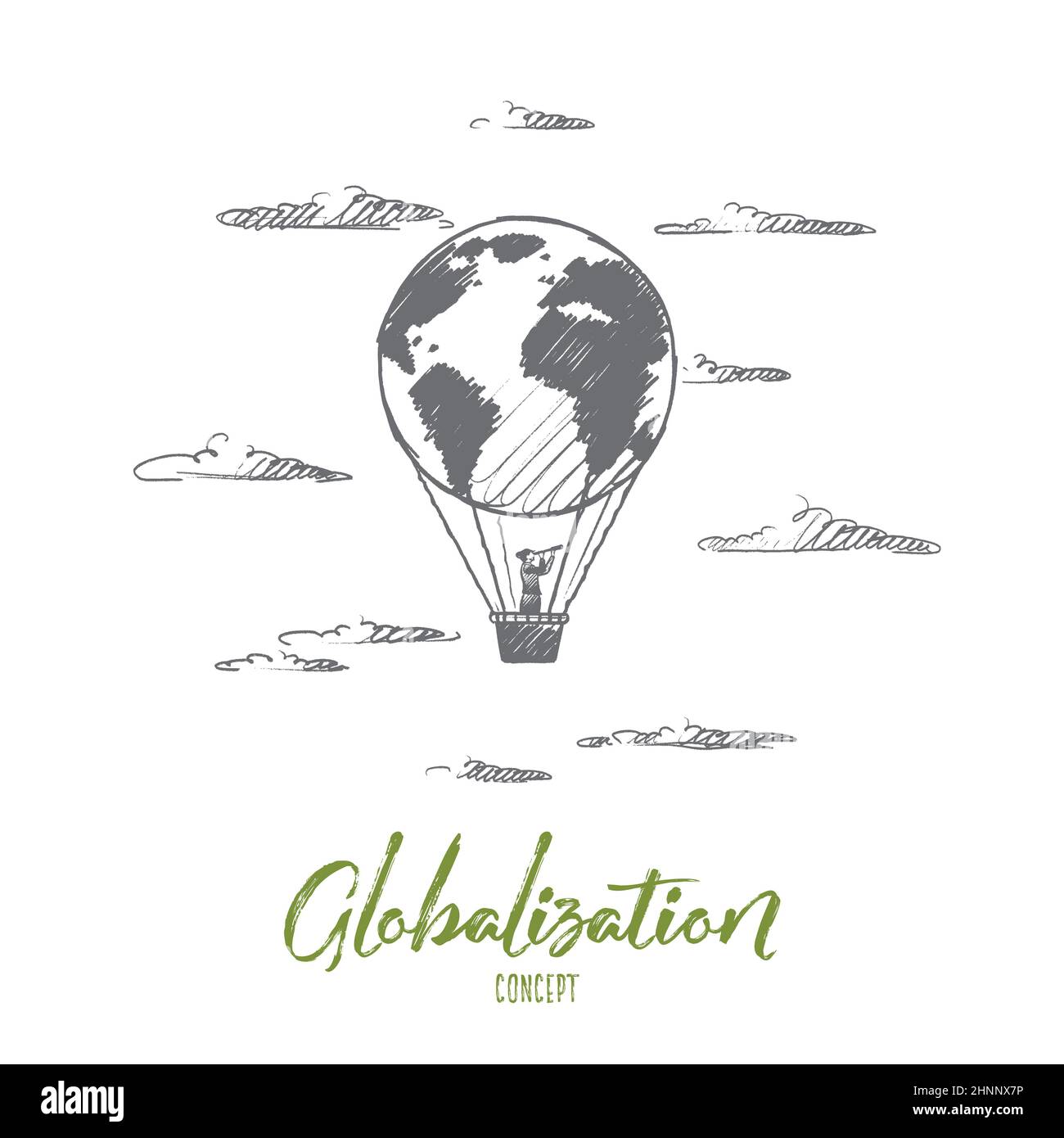 Globalization concept. Hand drawn flying balloon with man. Balloon in ...