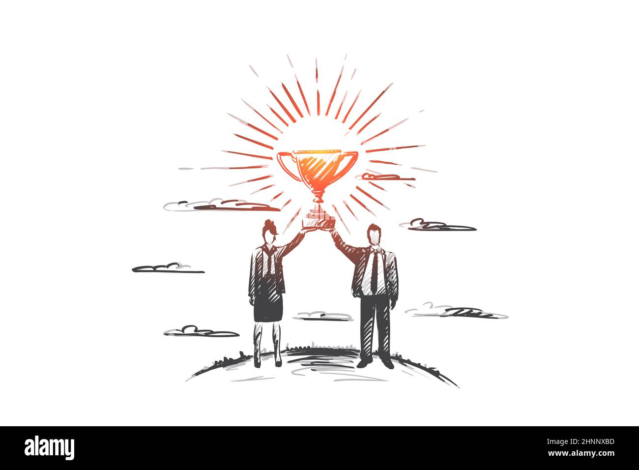 Winner concept. Hand drawn man and woman holding up a gold trophy cup ...