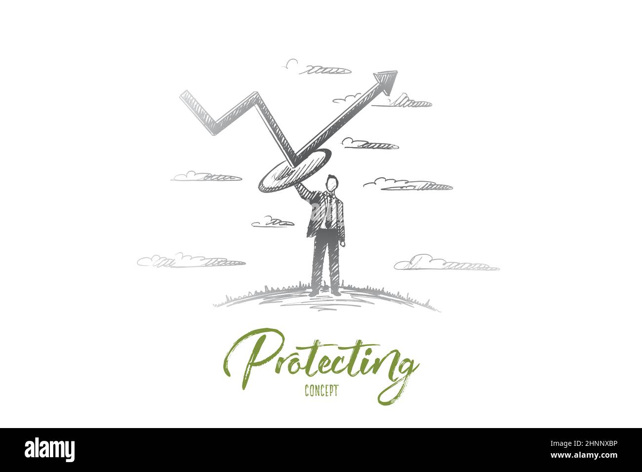 Protecting concept. Hand drawn man protecting business from crisis ...