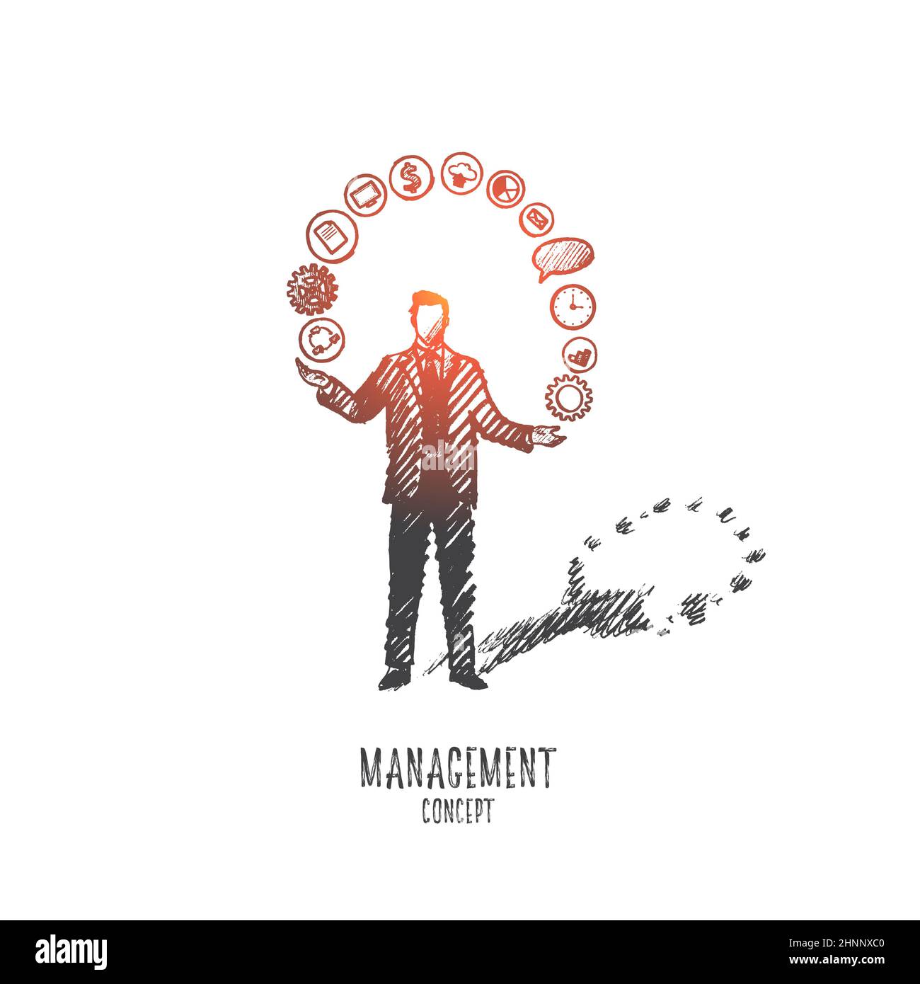 Management concept. Hand drawn team leader with a lot of tasks he ...