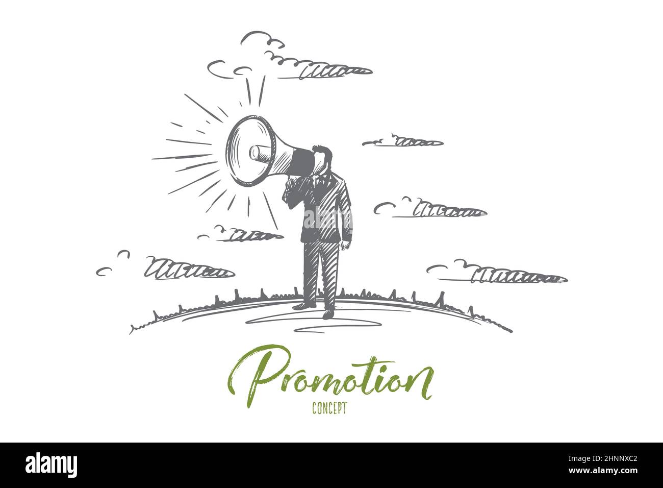 Promotion concept. Hand drawn man yelling through the megaphone. Male ...