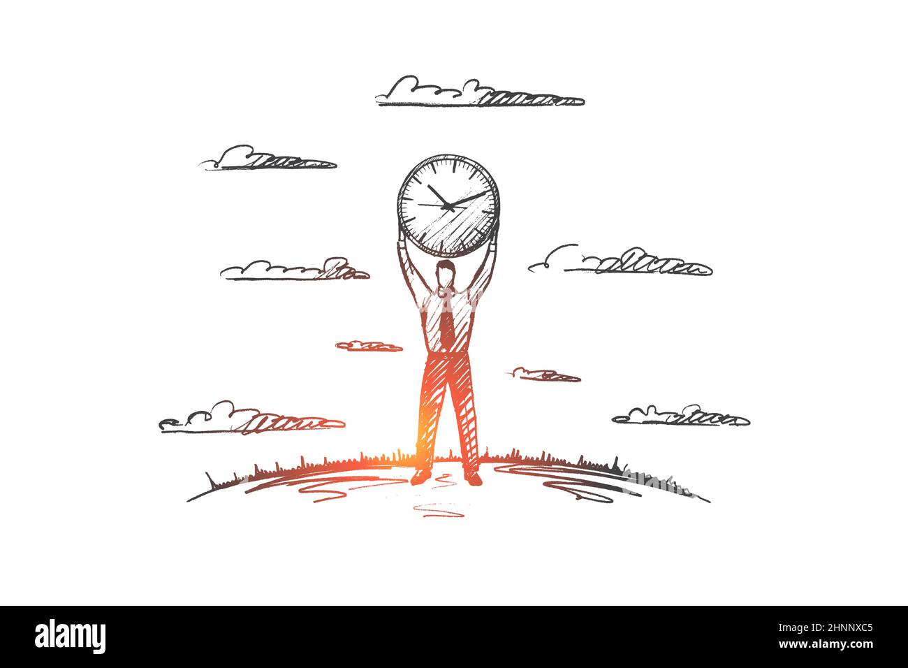 Time management concept. Hand drawn man holding big clock under his ...