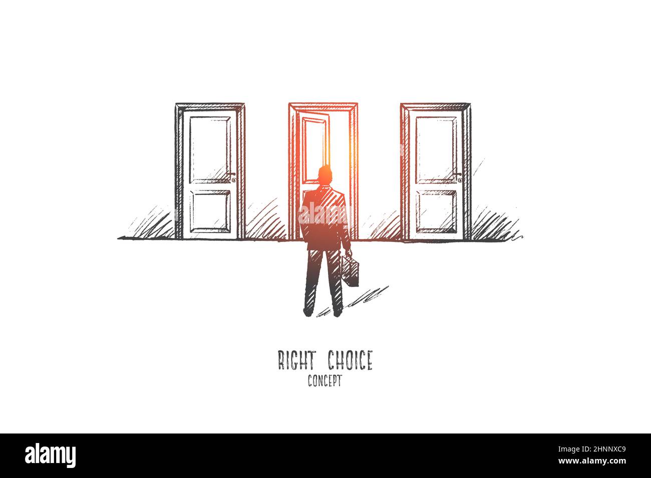 Right choice concept. Hand drawn man faces a choice. Man chooses the ...