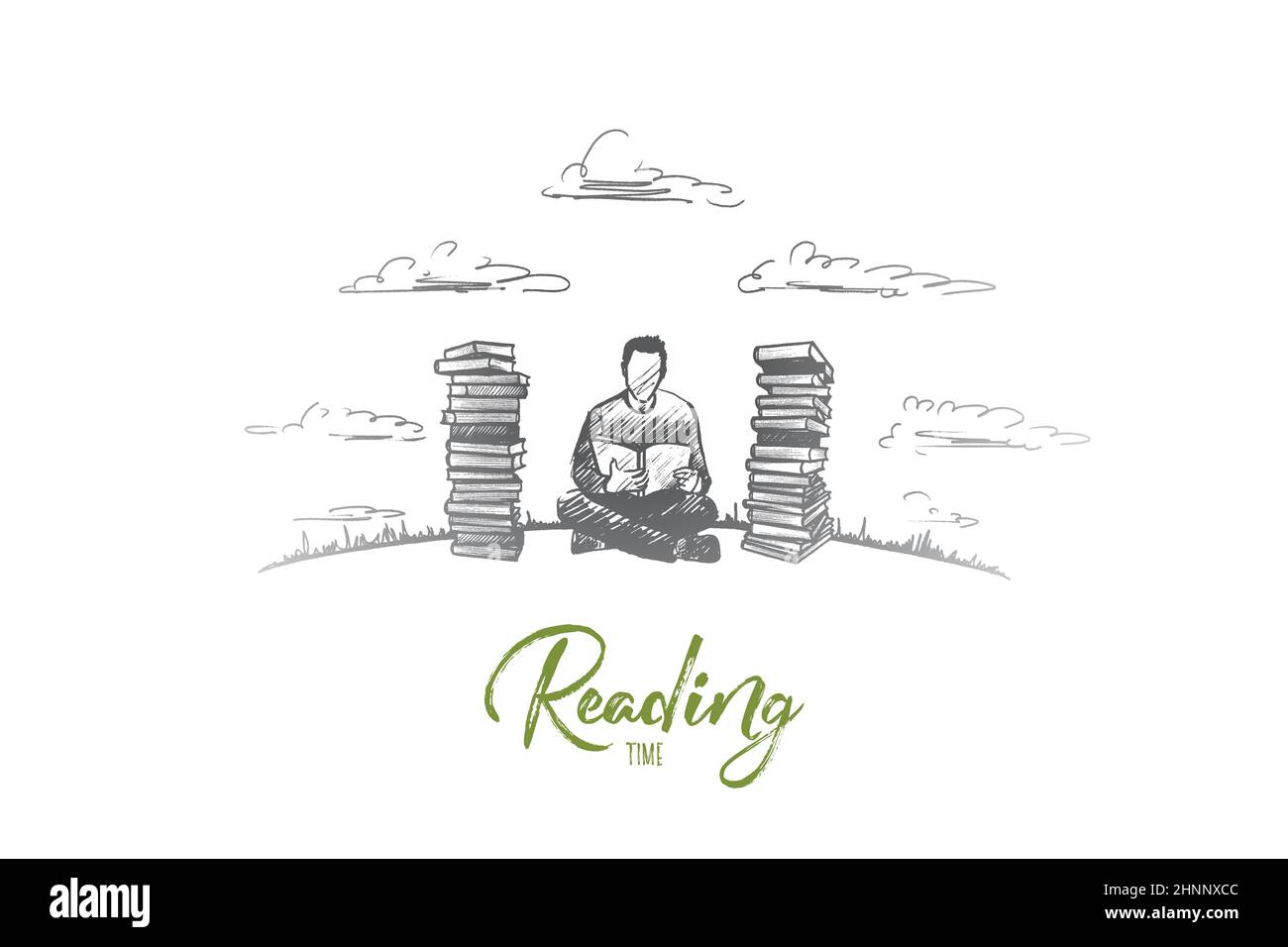 Reading time concept. Hand drawn concentrated man reading fond of ...