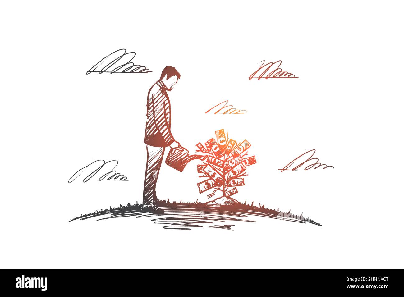 Money tree. Hand drawn growing money tree. A man watering money tree ...