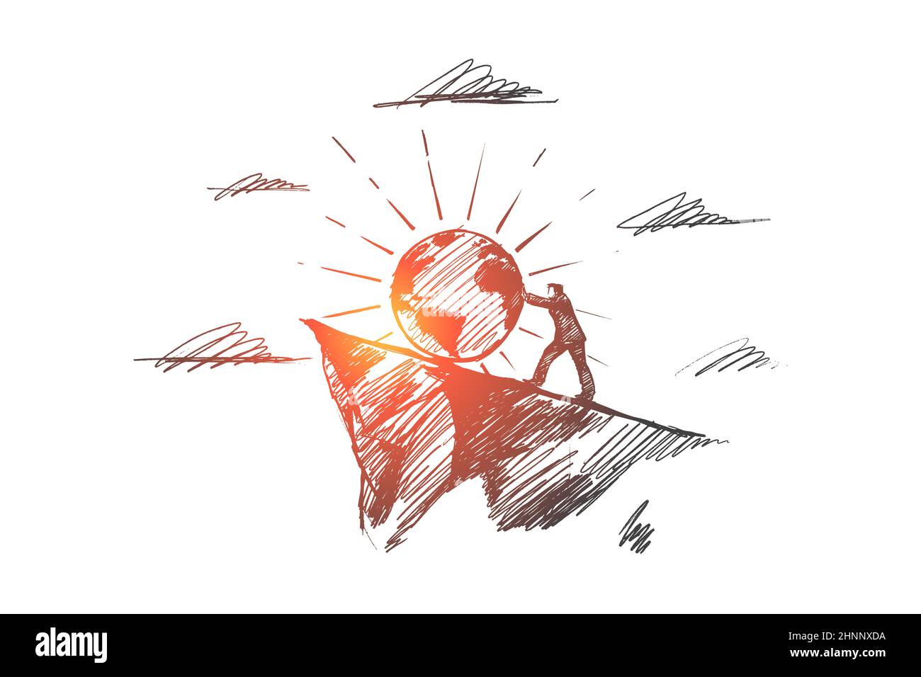 Planet concept. Hand drawn symbol of planet and man pushing it up ...