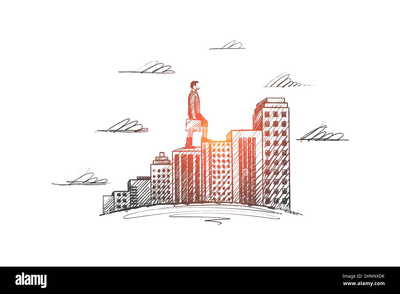 Career concept. Hand drawn man moves towards the goal. Person moves ...