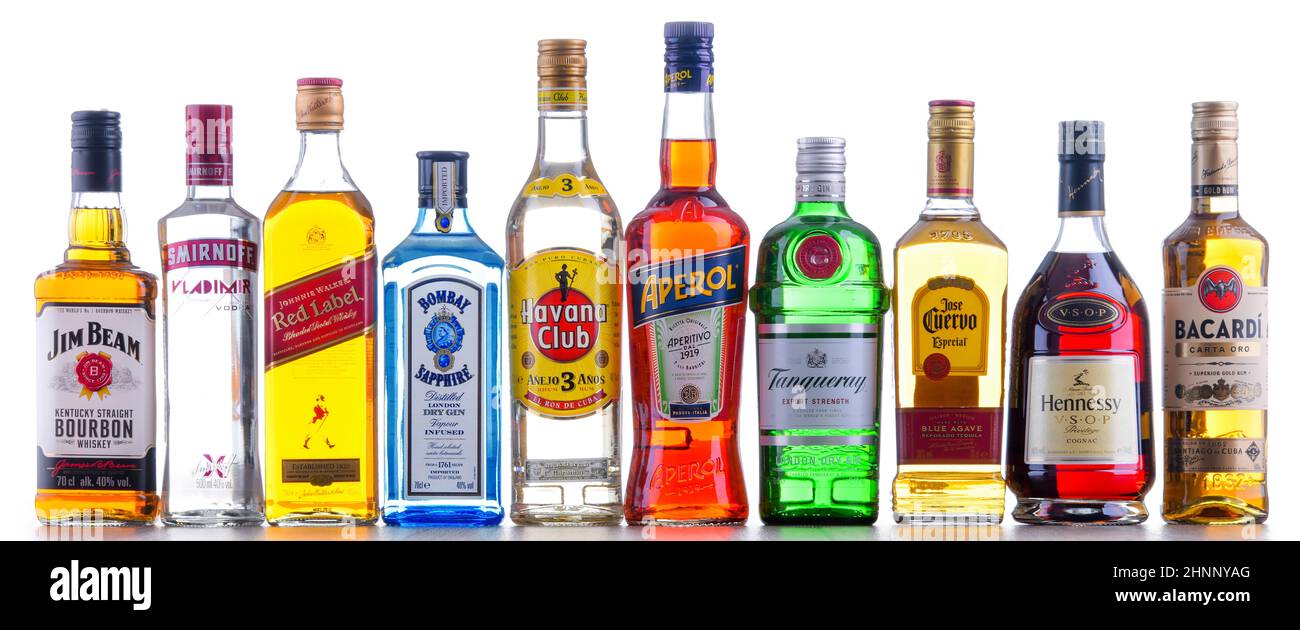 Bottles of assorted global liquor brands Stock Photo - Alamy