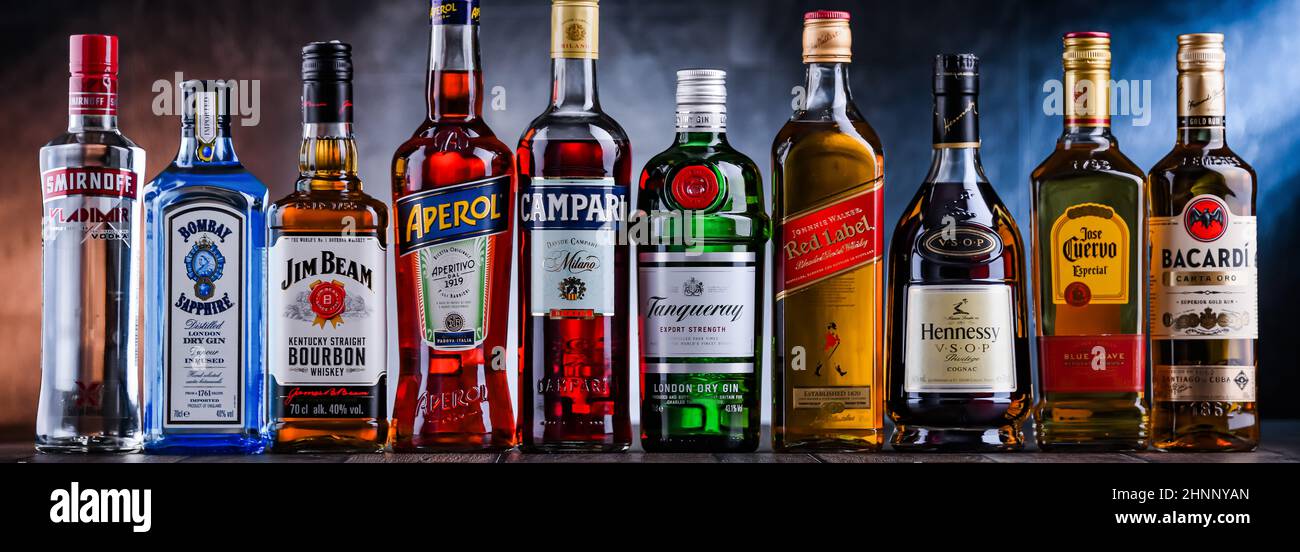 Bottles of assorted global liquor brands Stock Photo - Alamy