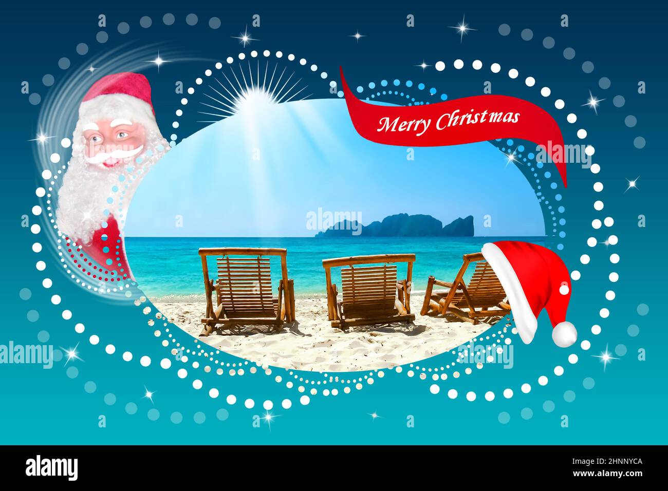 tropical beach wooden signboard with Christmas hat Stock Photo - Alamy