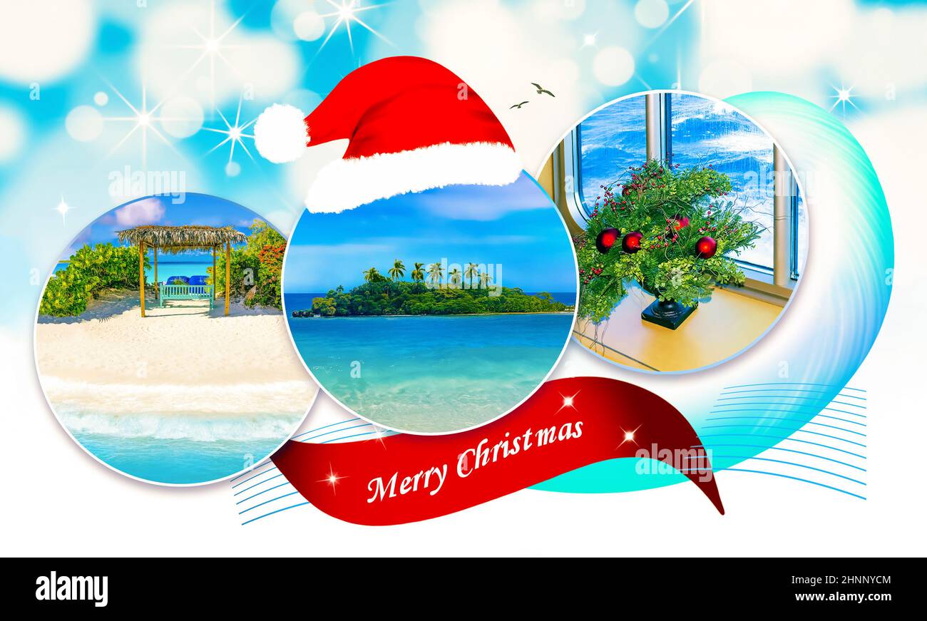 tropical beach wooden signboard with Christmas hat Stock Photo - Alamy