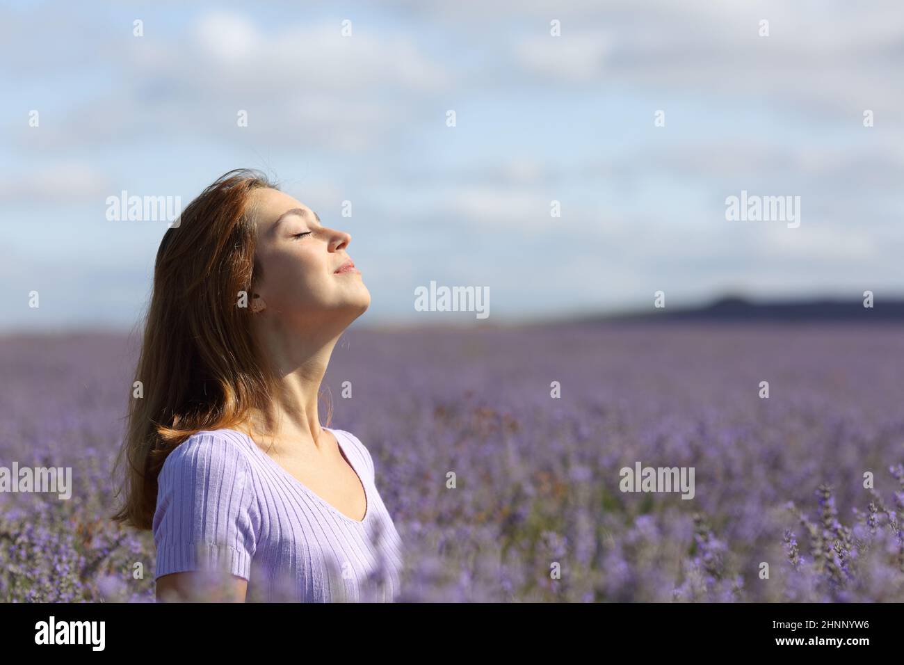 Profile of a beauty woman breathing fresh air in a lavender field Stock ...