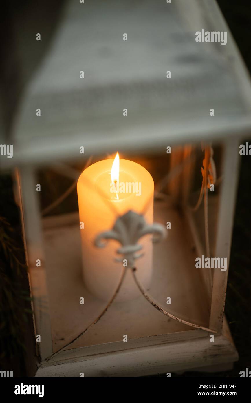 atmospheric candle decor with live fire on the banquet table Stock ...