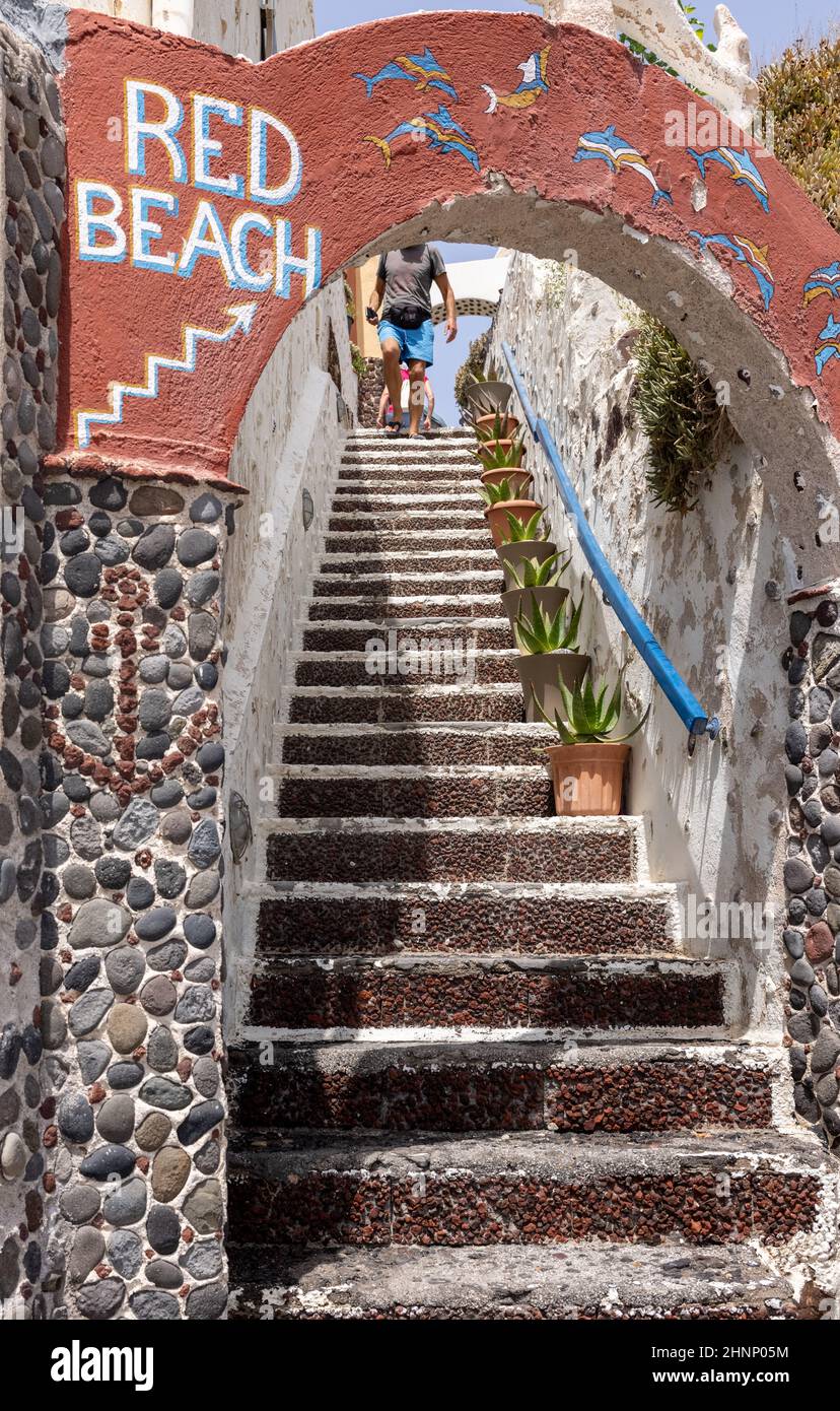 Narrow stone steps in Red beach on the south coast of Santorini island ...