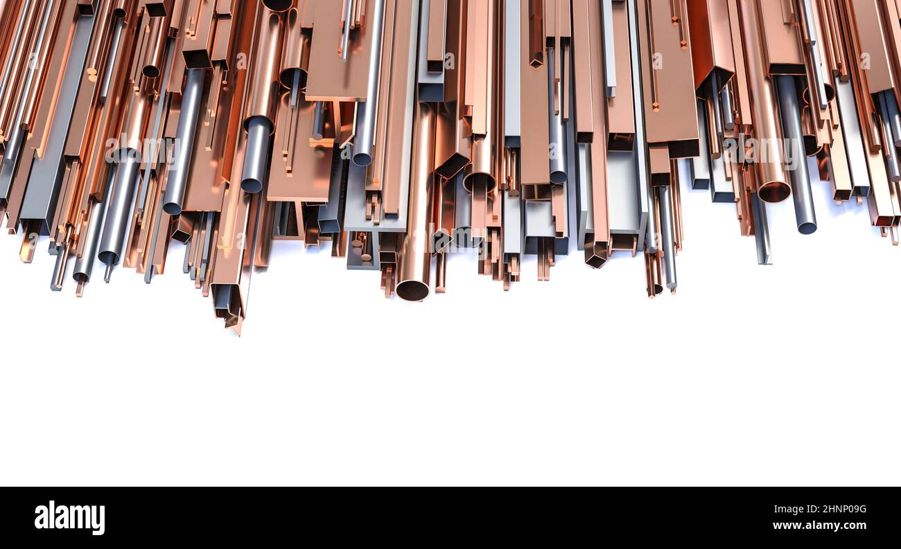metal profiles in iron and copper, different shapes and sizes. 3d ...