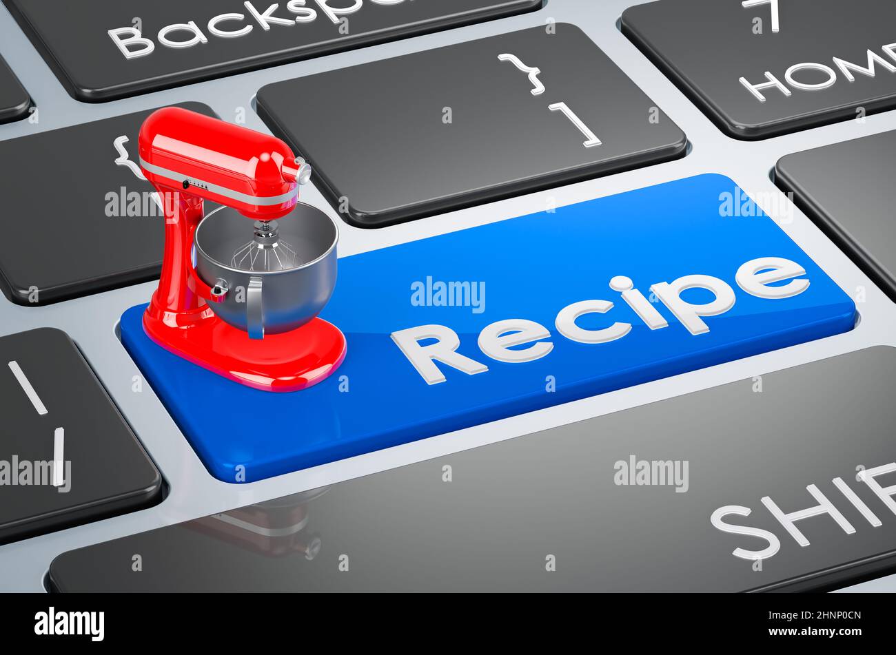 Stand kitchen mixer on keyboard. Recipe blue key. 3D rendering Stock ...