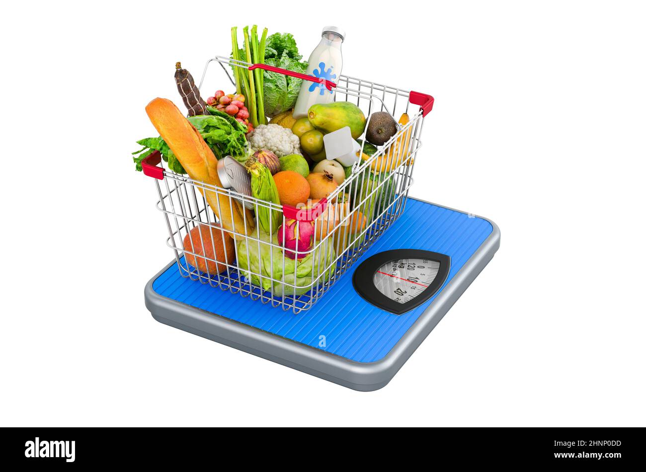 Weight scale with shopping basket full of products, fruits and ...
