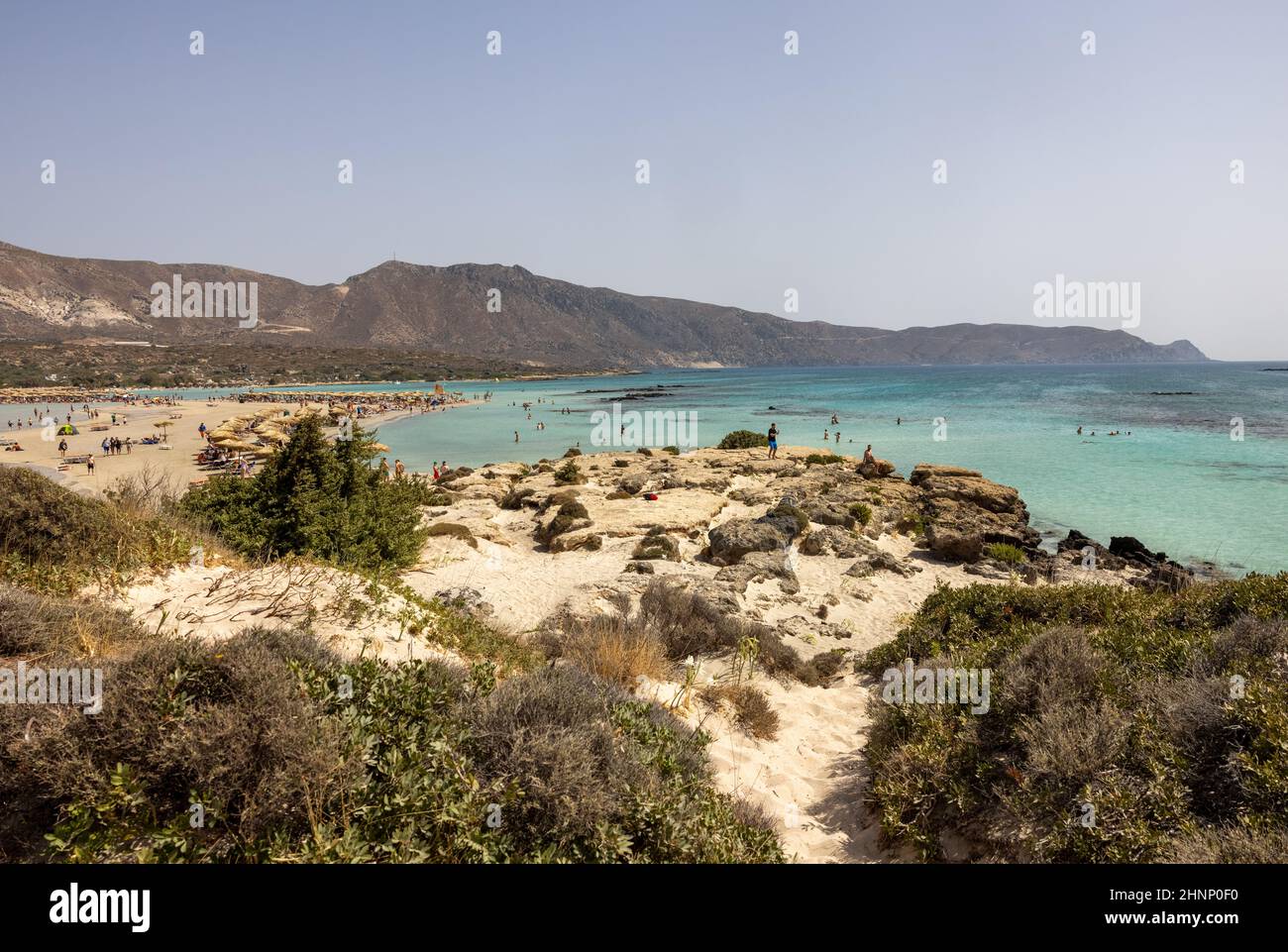 People relaxing on the famous pink coral beach of Elafonisi on Crete ...