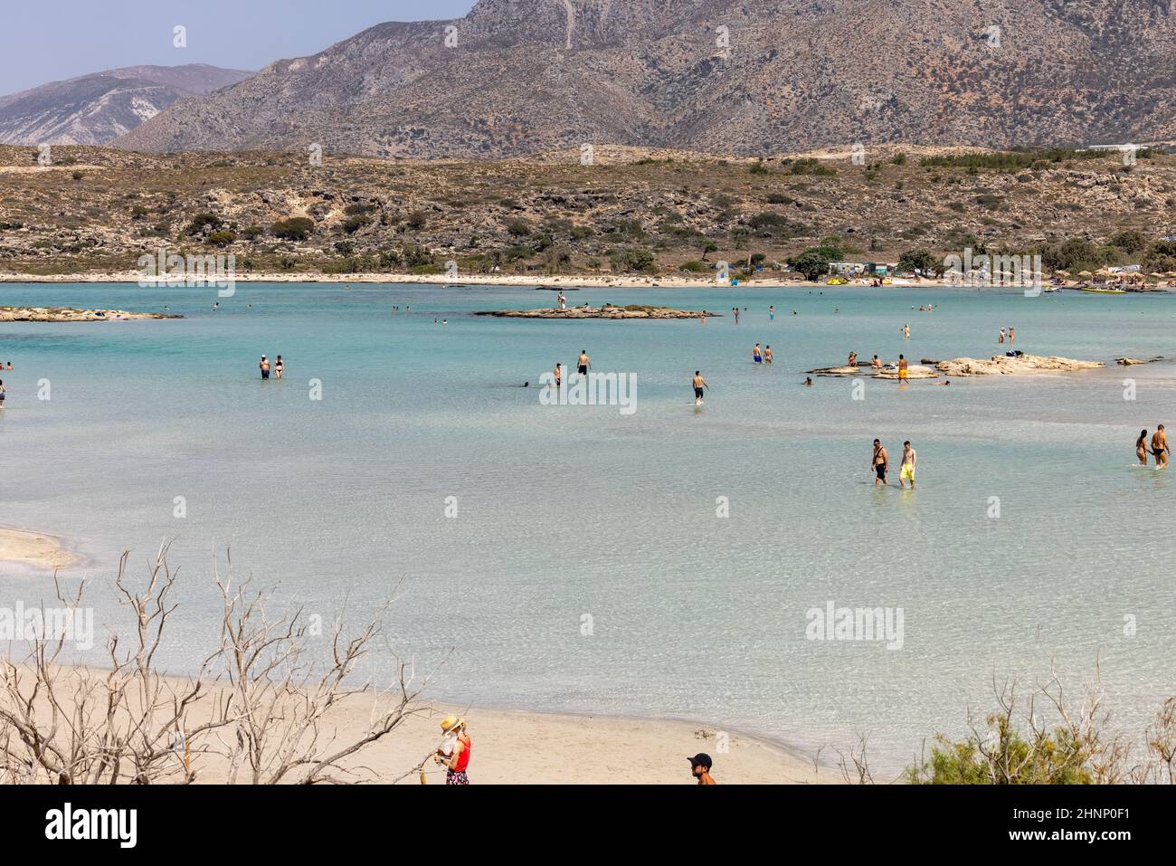 People relaxing on the famous pink coral beach of Elafonisi on Crete ...