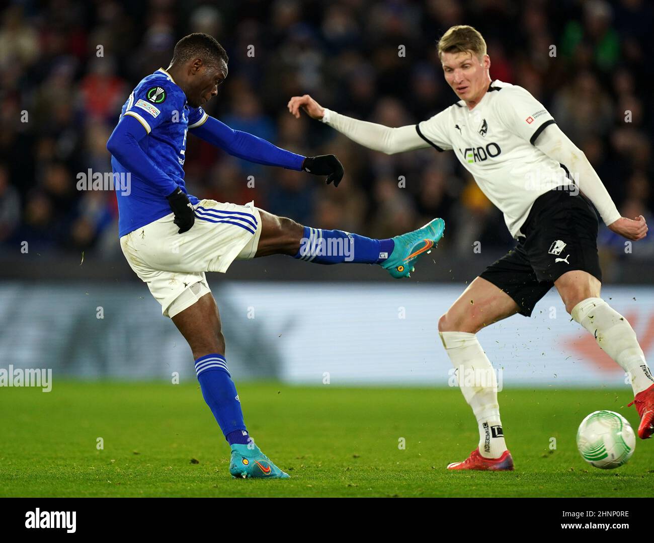 Leicester City's Patson Daka (left) and Randers' Simon Piesinger in ...