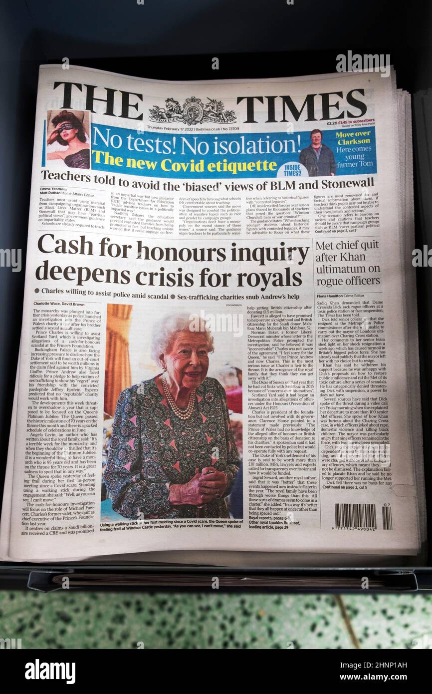 The Times newspaper headline front page Prince Charles 'Cash for ...