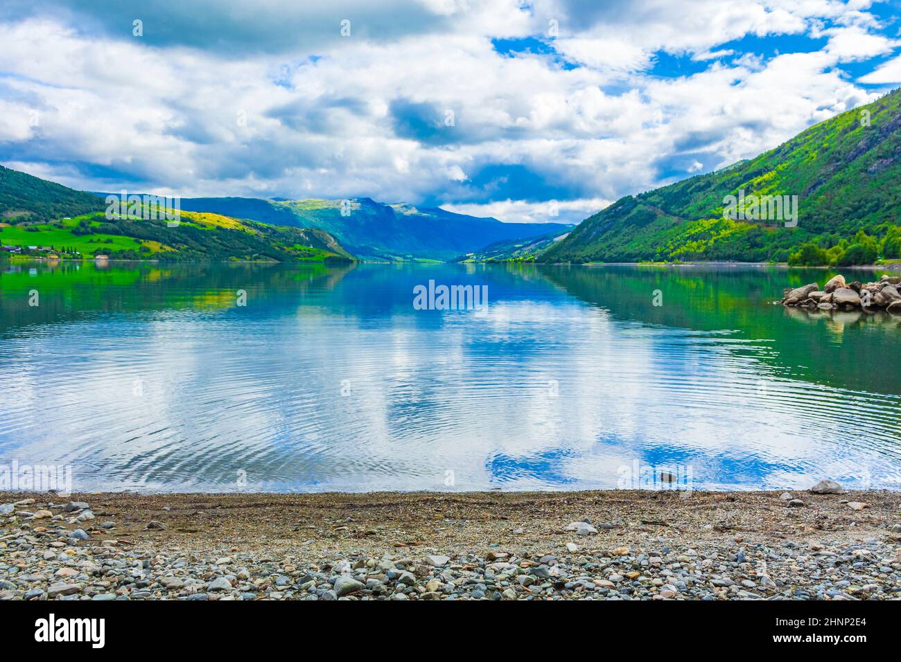 Amazing incredible norwegian landscape with colorful mountains fjord ...