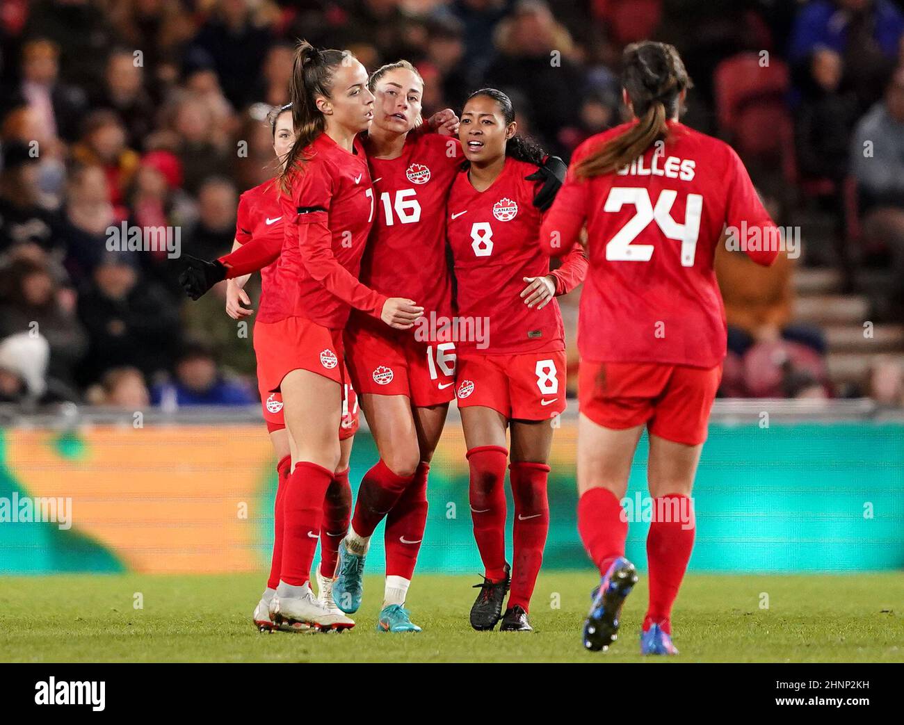 Canada's Janine Beckie (16) celebrates with team-mates after scoring ...
