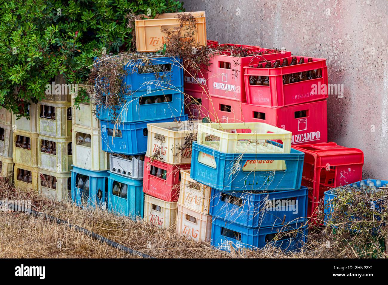 Old beer crates stacked outside Mallorca Spain Stock Photo - Alamy