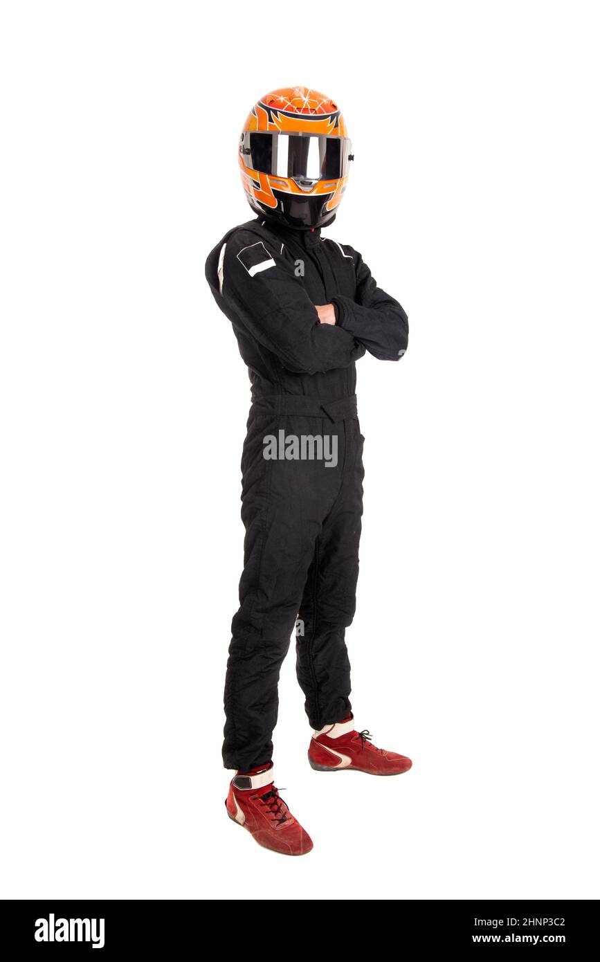 Racing driver posing with helmet isolated in white Stock Photo - Alamy