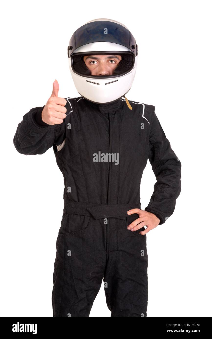 Racing driver posing with helmet isolated in white Stock Photo - Alamy