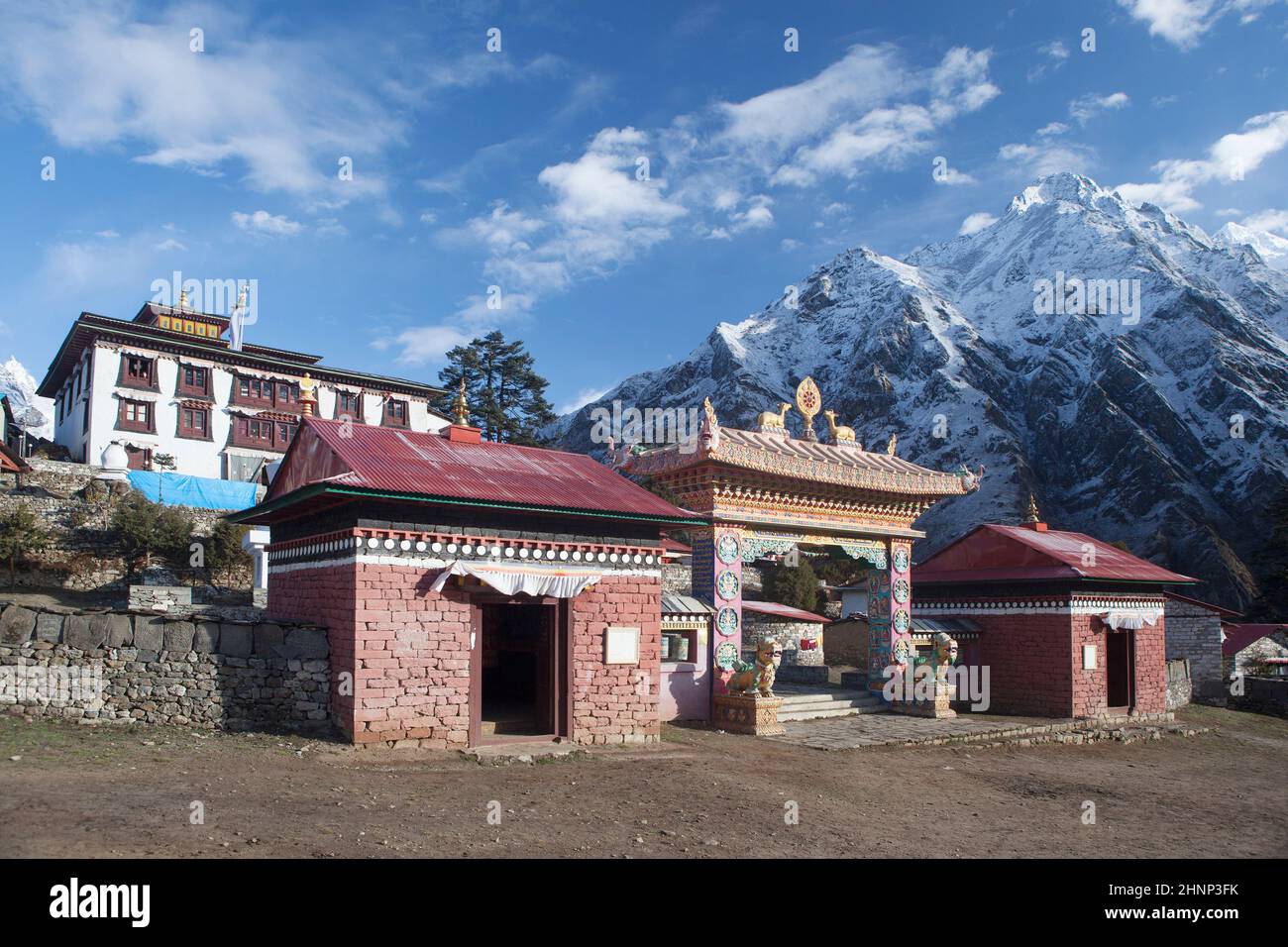 Entrance Gate in Buddhist Monastery in Tengboche Village with Himalayas ...