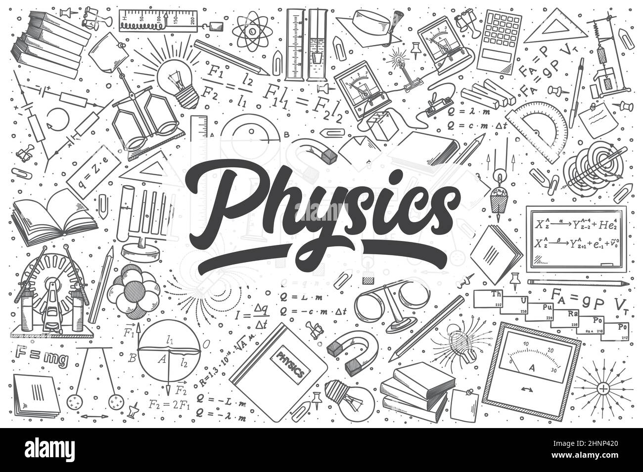 Hand drawn physics doodle set. Lettering - Physics Stock Photo - Alamy