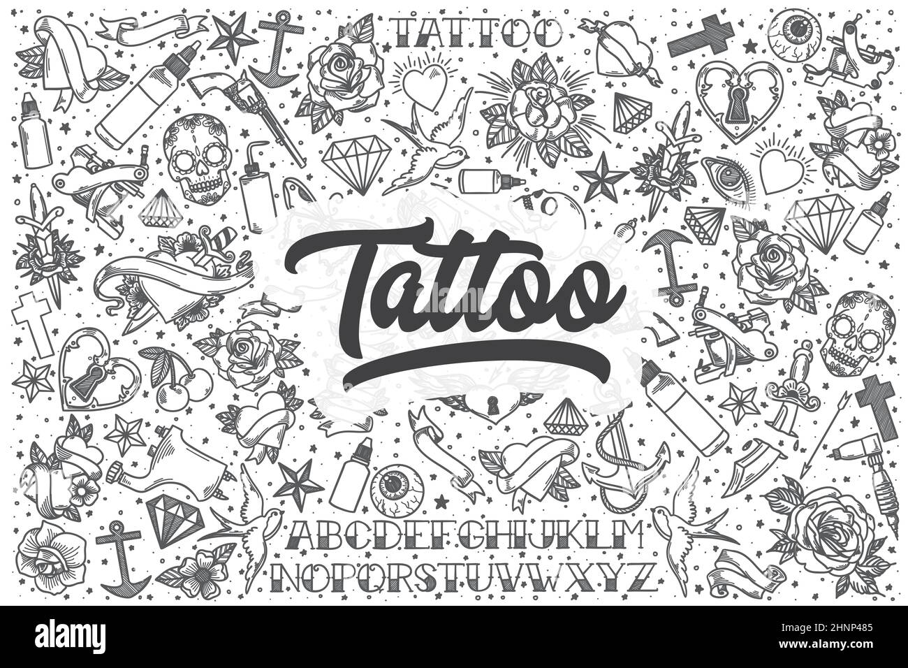 Hand drawn tattoo doodle set. Lettering - Tattoo Stock Photo - Alamy
