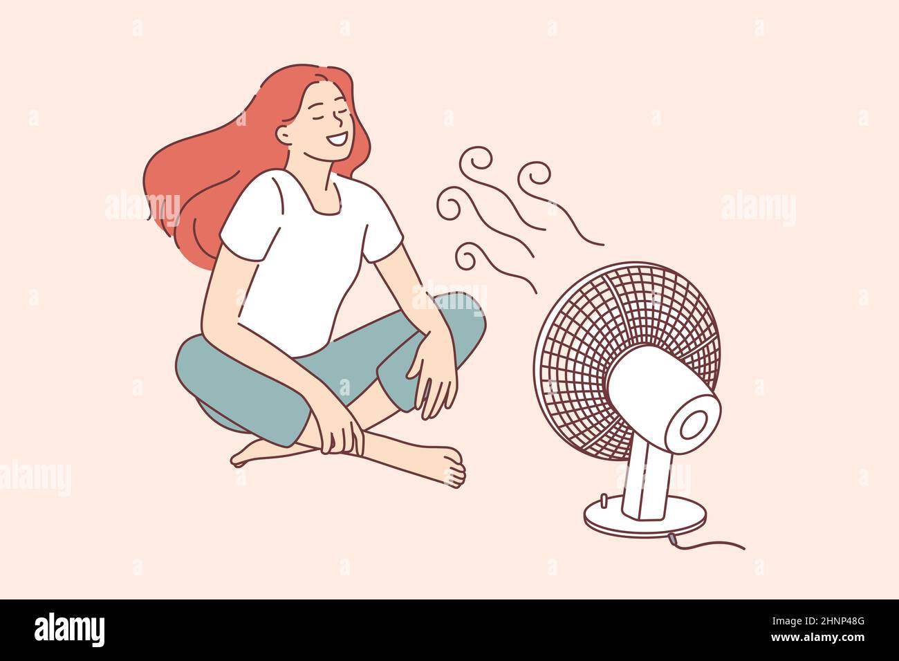 Enjoying cool wind waves concept. Young smiling woman cartoon character ...