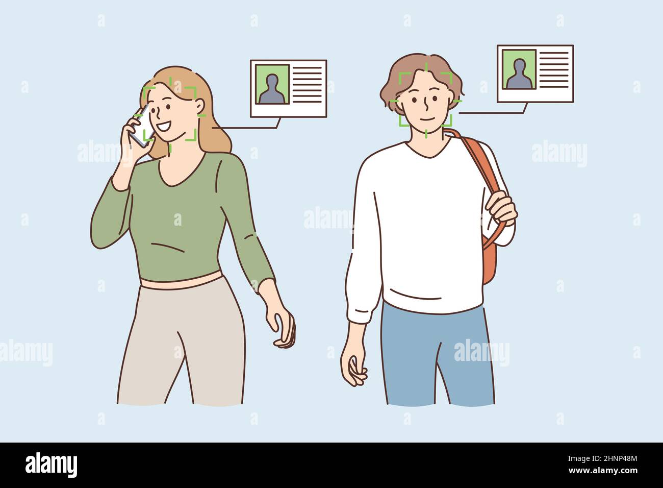 Scanning faces and identity concept. Young smiling man and woman ...