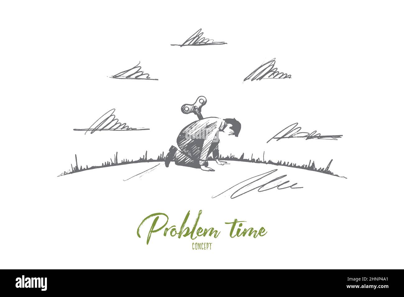 Problem time concept. Hand drawn sad man in trouble. Person tired ...