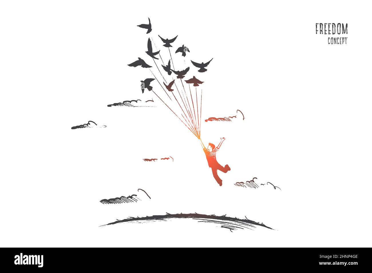 Freedom concept. Hand drawn person flying with birds. Emotion of ...